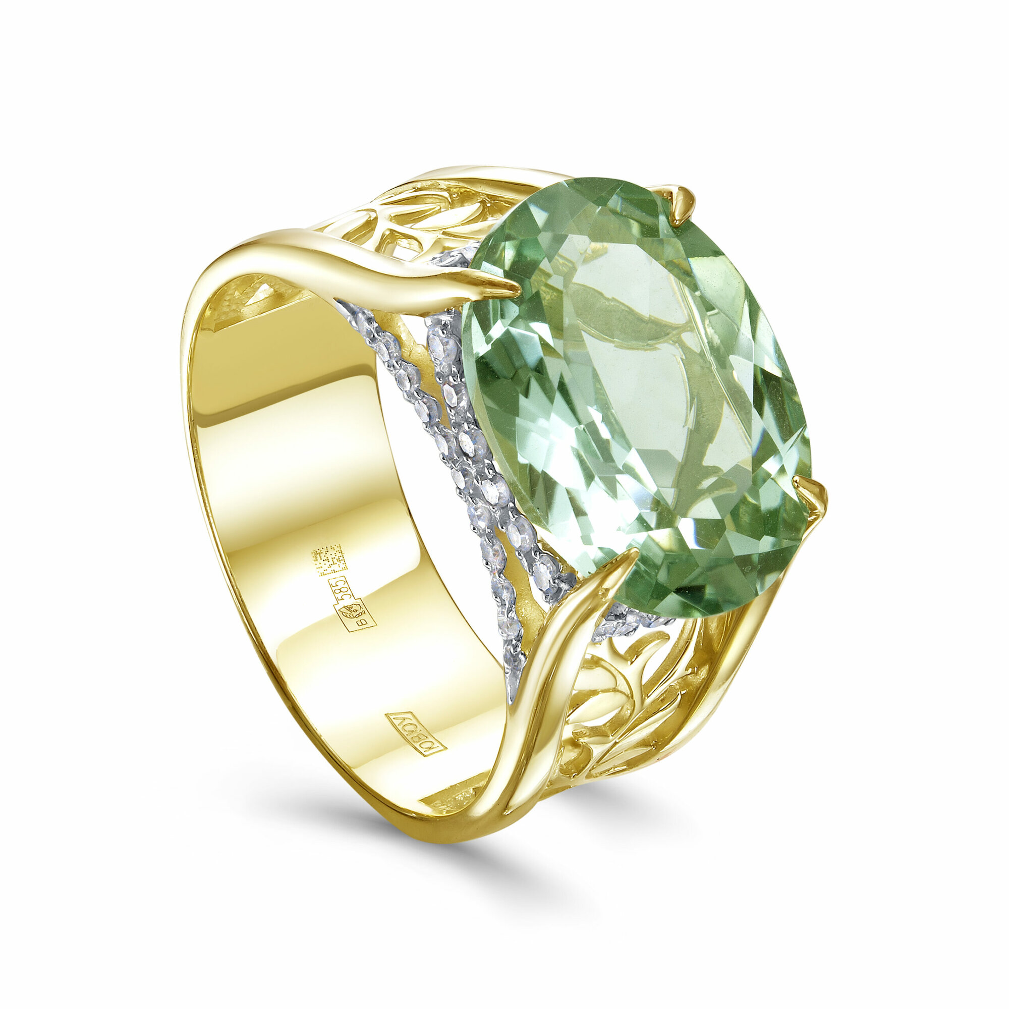 Кольцо, желтое золото, 585 проба, празиолит, бриллиант