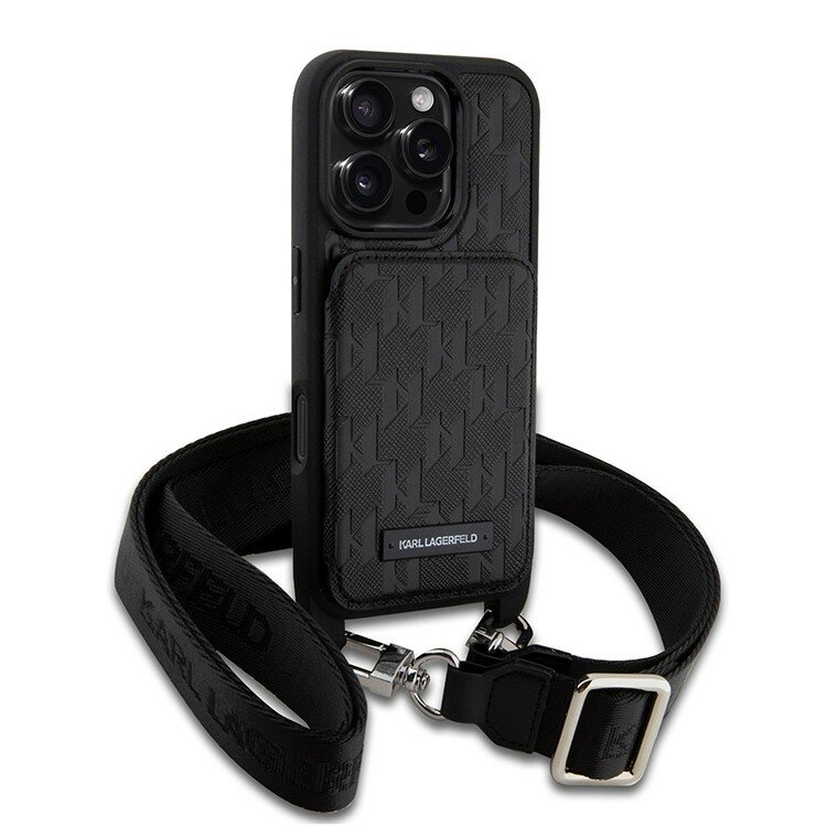 Karl Lagerfeld чехол с ремешком и картхолдером для iPhone 16 Pro Max, PU-кожа Monogram Plate logo черный