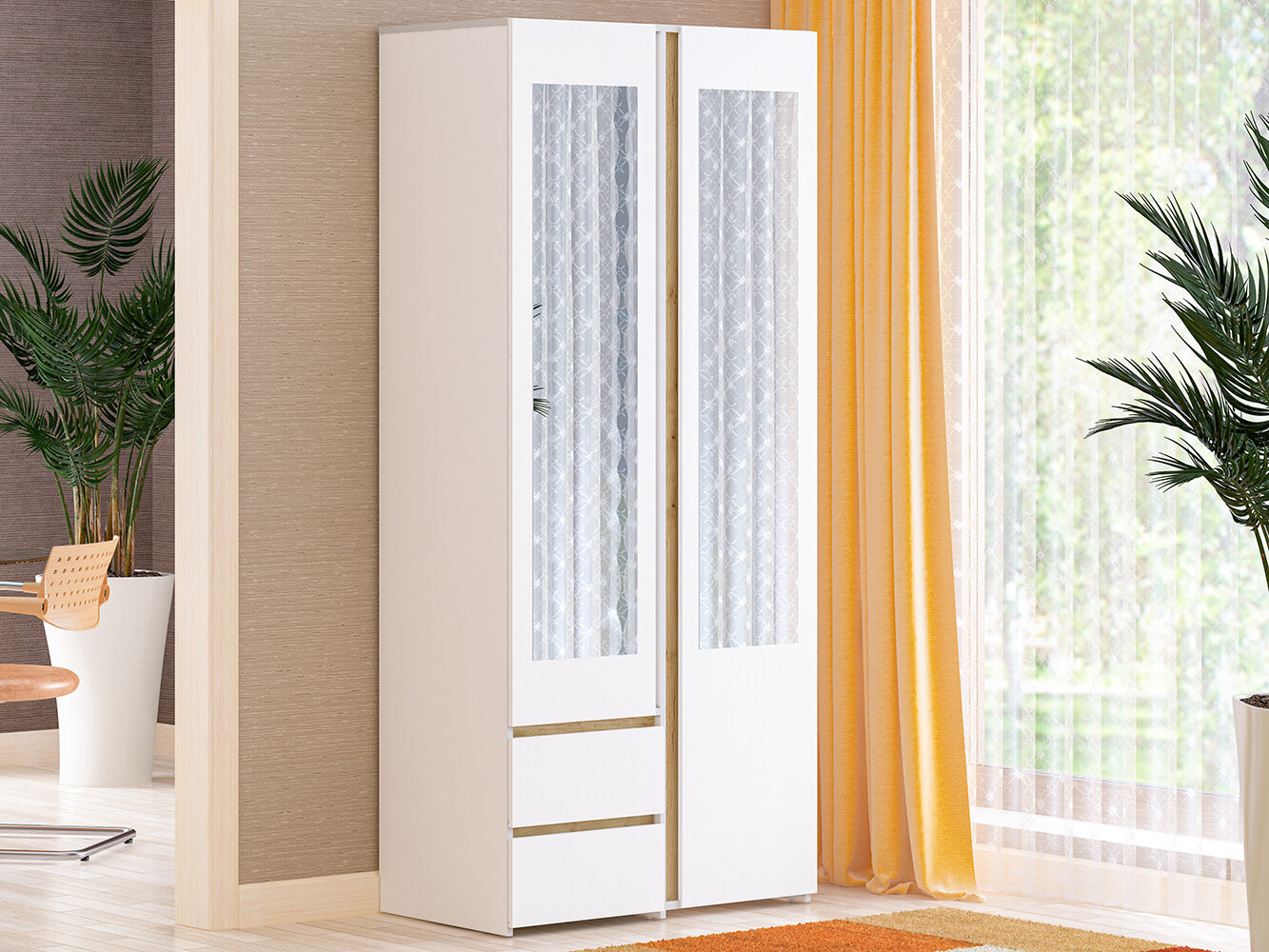 Шкаф "МК Пирамида" Шон-25, распашной, 2 двери, 2 ящиками, 2 зеркала , цвет белый/золотой, 207х90х52 см