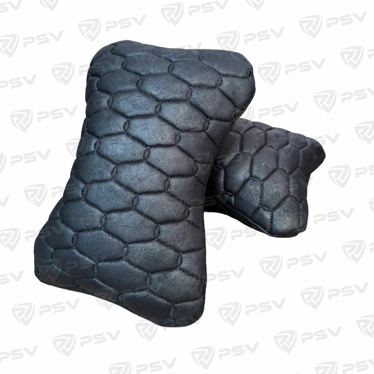 Подушка автомобильная в машину на подголовник PSV Skin (Черный/Отстрочка Черная), мокрая кожа, 2 штуки