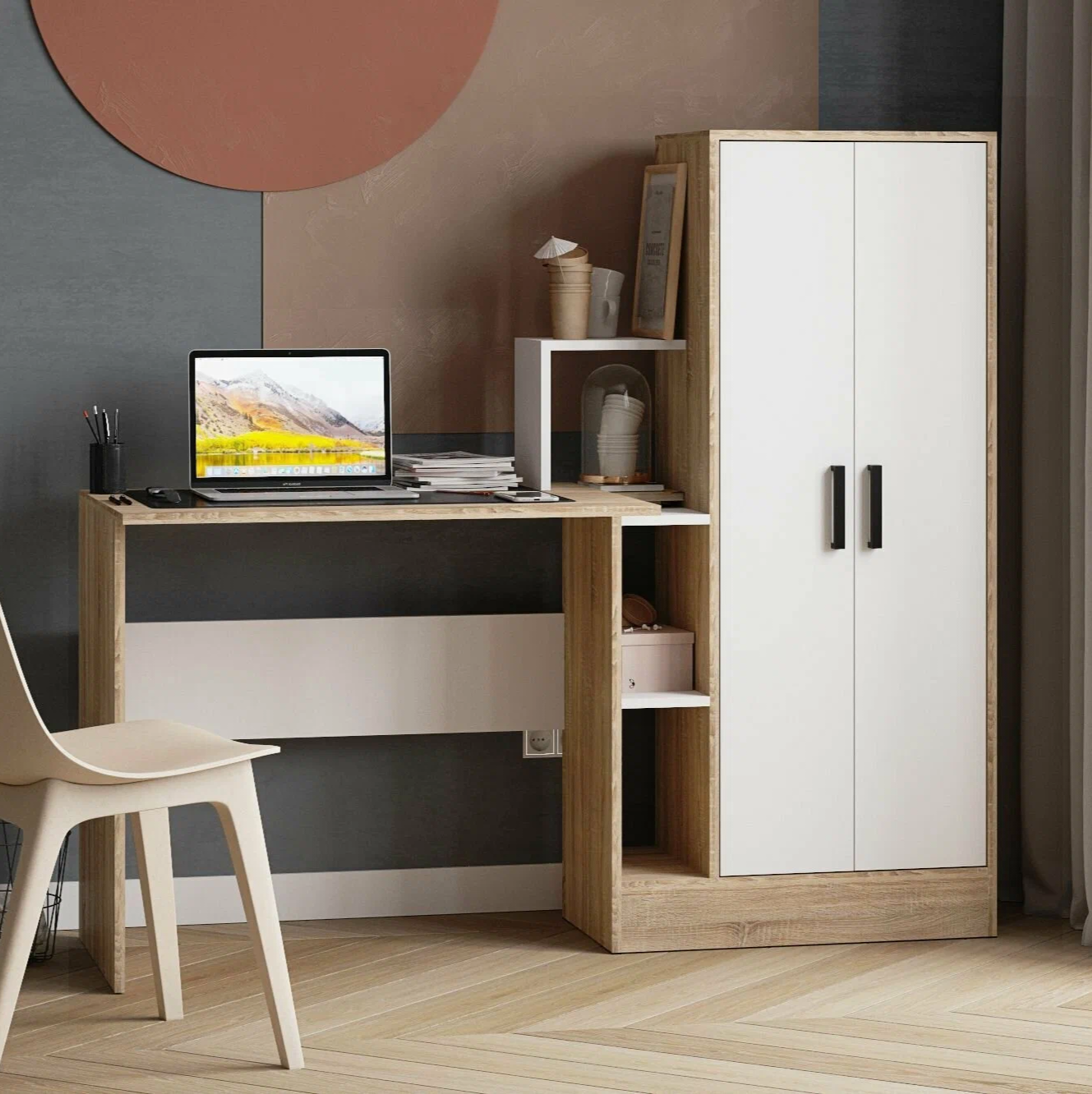 Компьютерный письменный стол СКМ-1 с полками и шкафом, 150х135х60 см, Белый / Дуб сонома