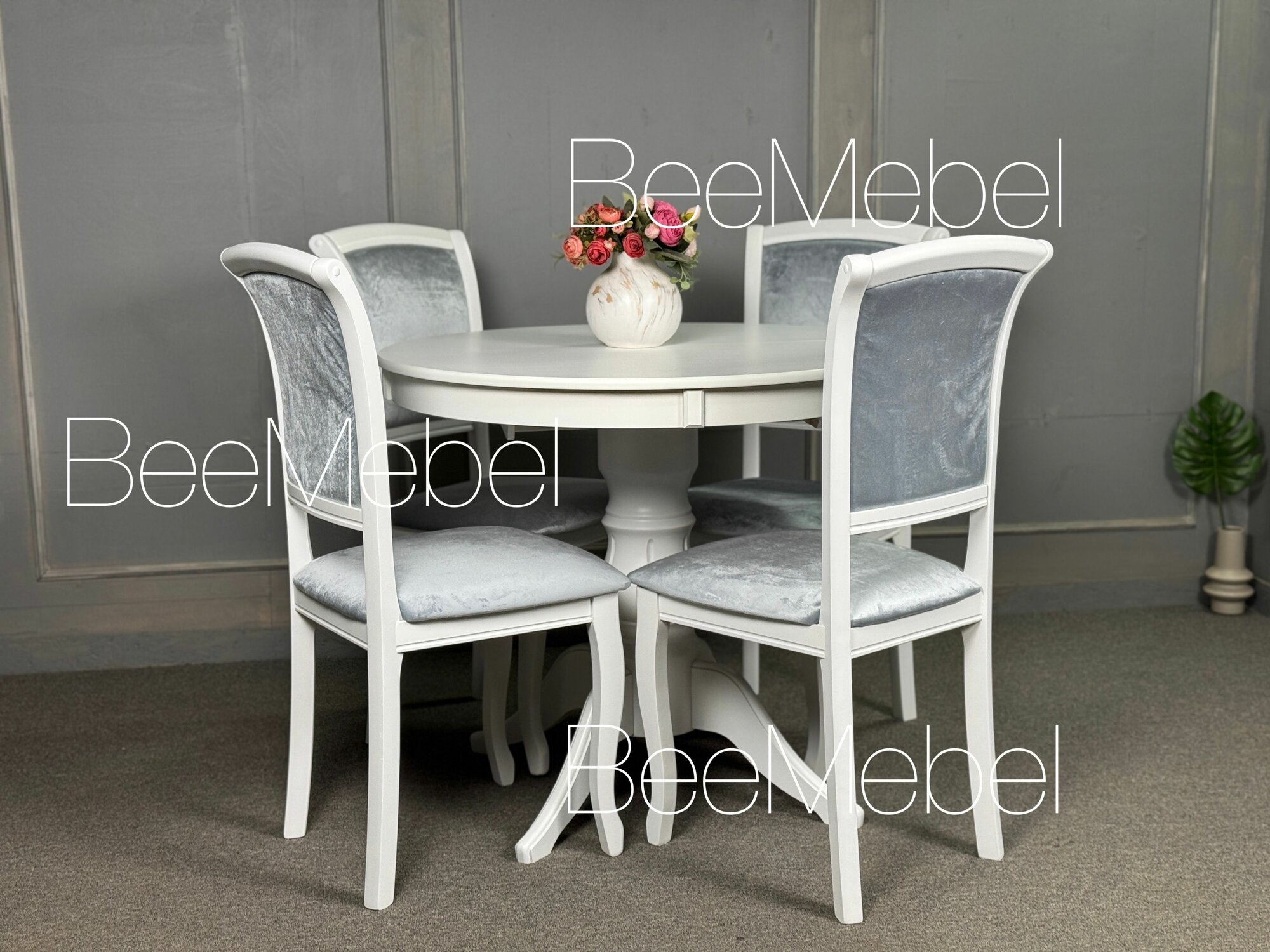 Обеденная группа, стол круглый раздвижной белый 90см и 4 стула