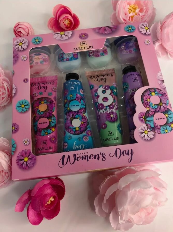 Набор 8 марта для ухода за кожей, крем для рук и бальзам для губ, 8 шт