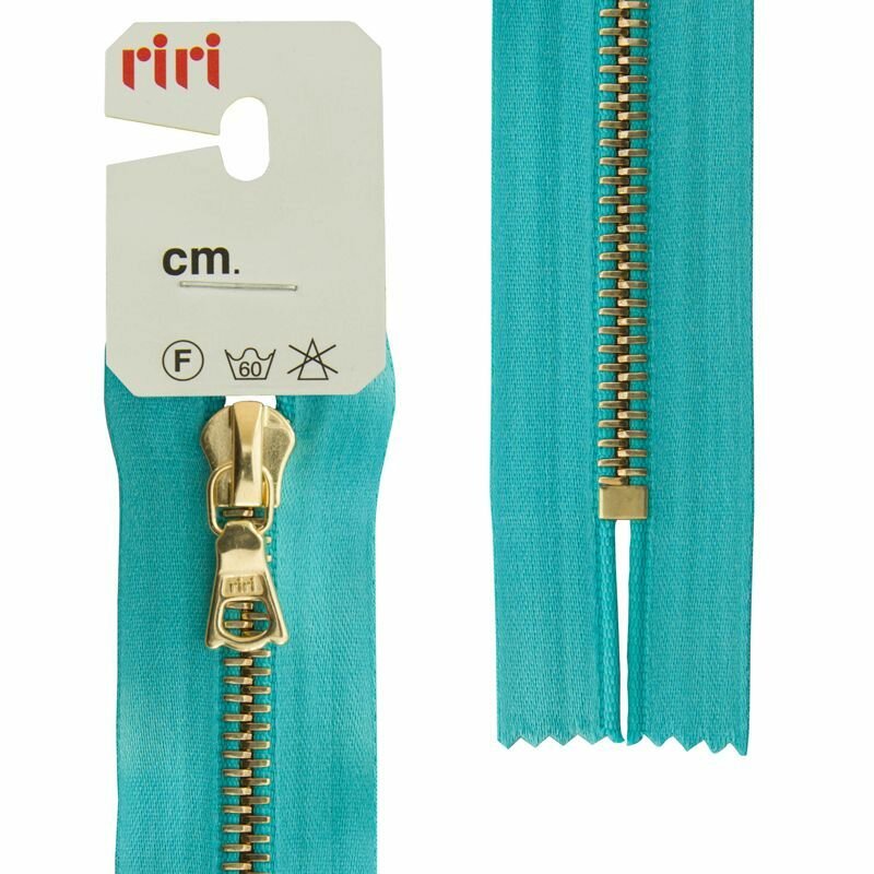 Молния riri Металлическая, Gold, неразъемная, на атласной тесьме, 6 мм, 18 см, цвет 5859, Бирюзовый