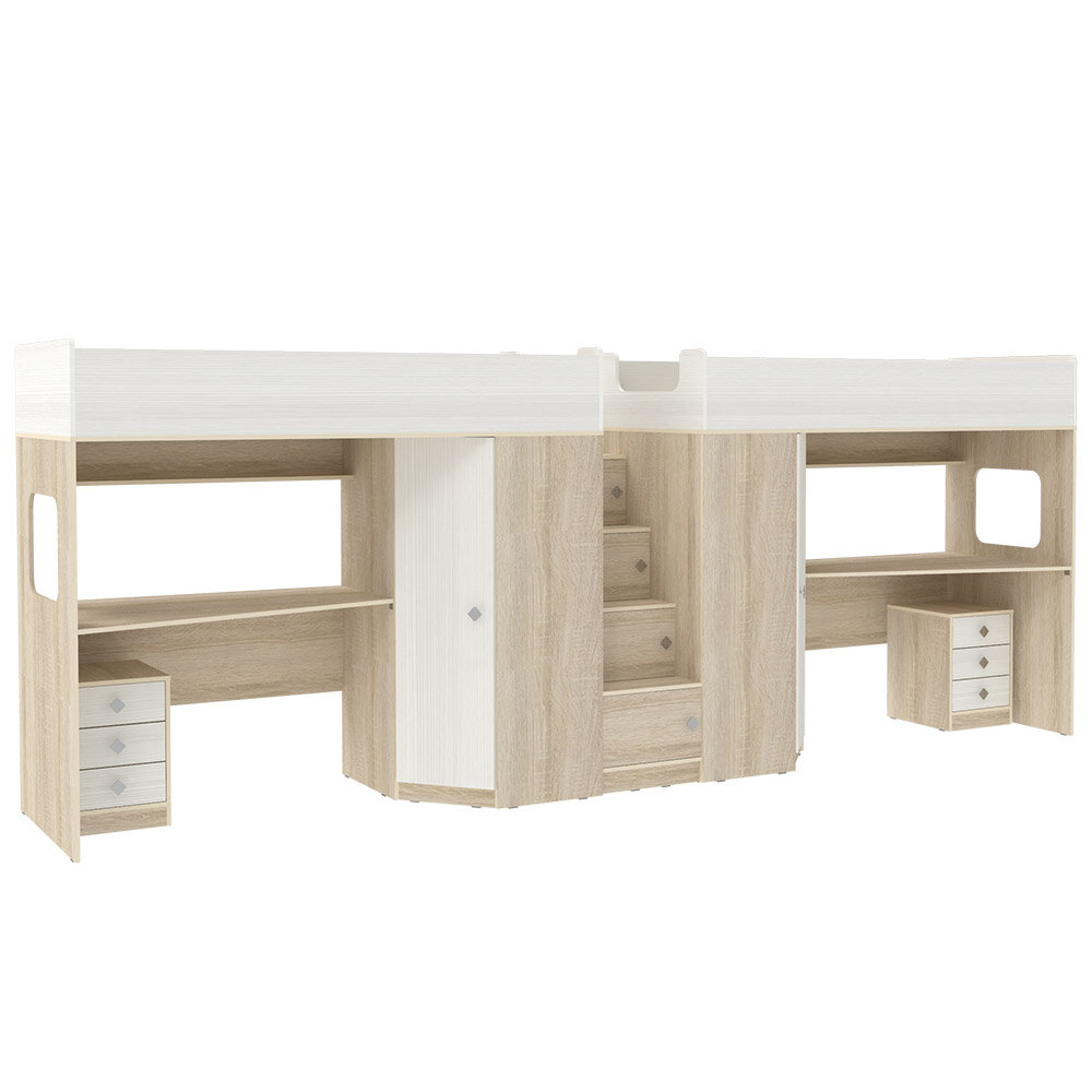 Двухъярусная кровать Л-BB604-604 с тумбами 80х190 Дуб Сонома Белое Дерево
