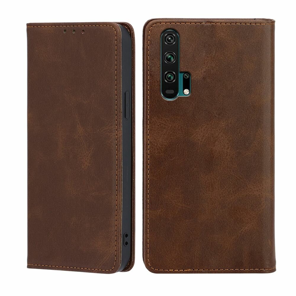 Чехол-книжка MyPads для Honor 20 Pro / Хонор 20 Про, Телячья кожа, закрывающаяся на магнит, коричневый