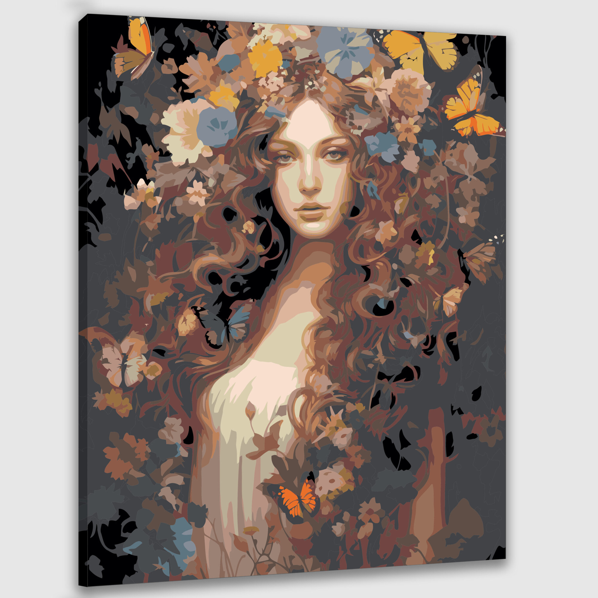 Картина по номерам 40x50 см, фотография, фигура, фея, корона, бабочки, волосы, поле, цветы, цвета, детали, волшебство