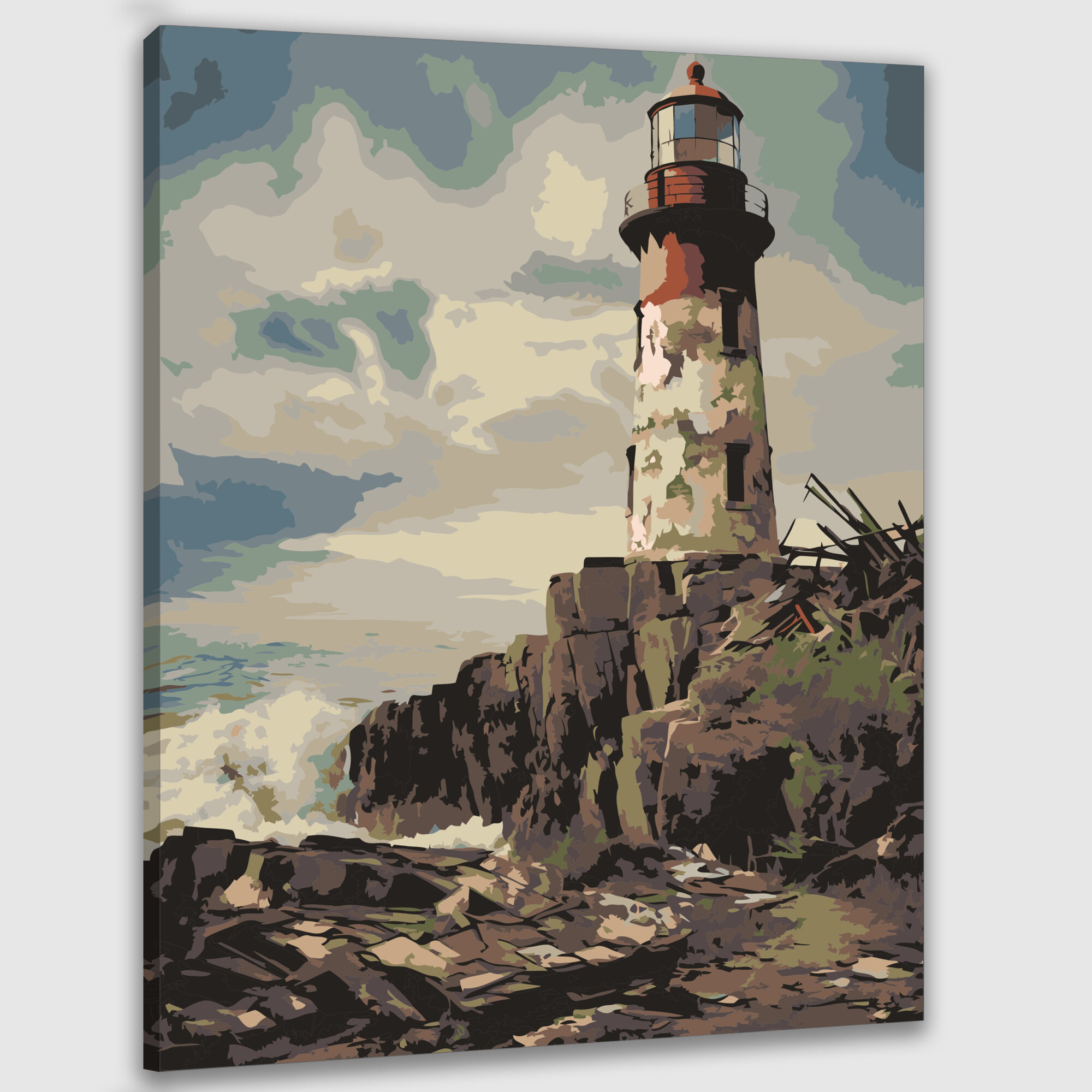 Картина по номерам 40x50 см, маяк, обветренный, море, скалистый утес, краска, потертое дерево, морская история