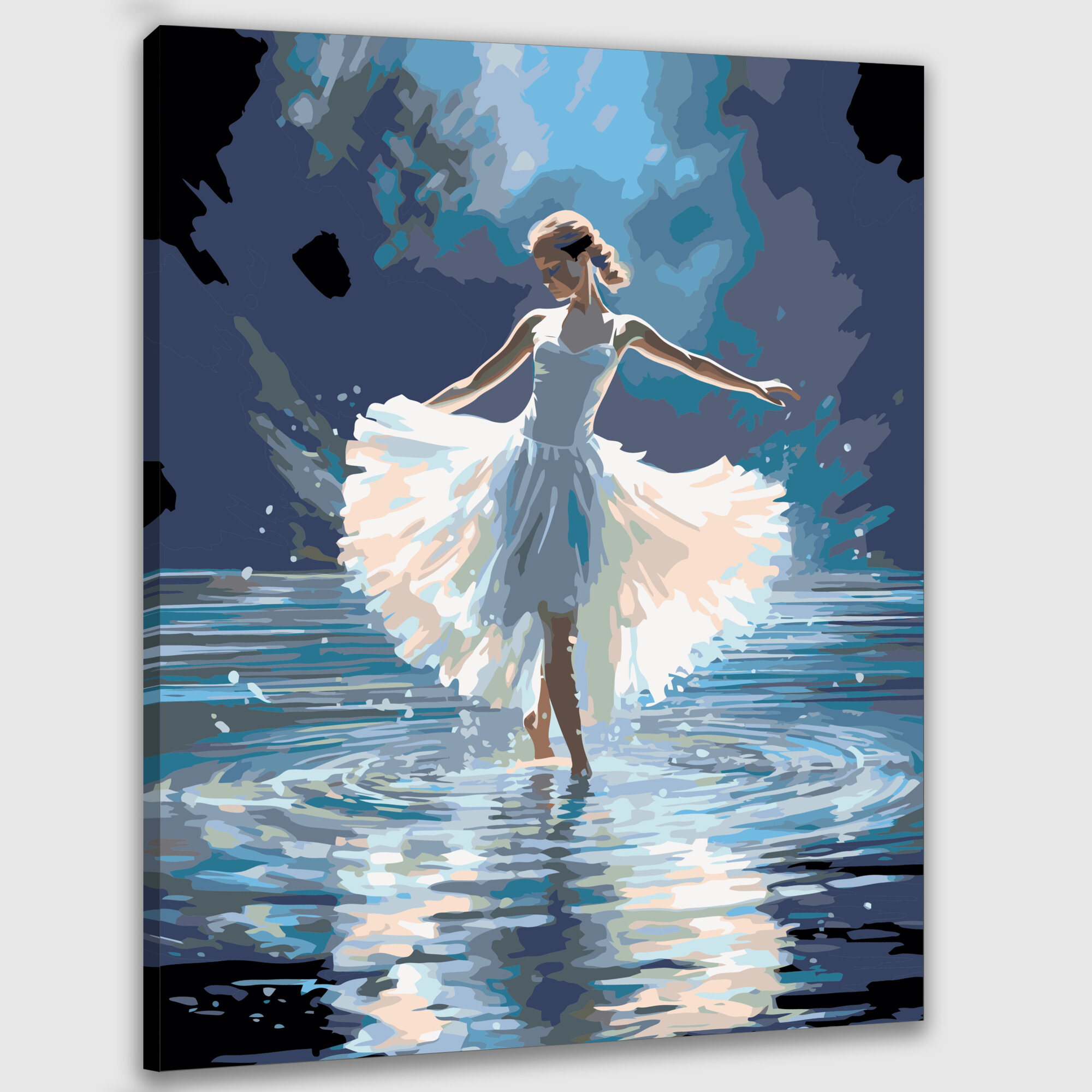 Картина по номерам 40x50 см, балерина, номер, водная сцена, струящаяся пачка, пуанты, темно-синие оттенки, элегантность