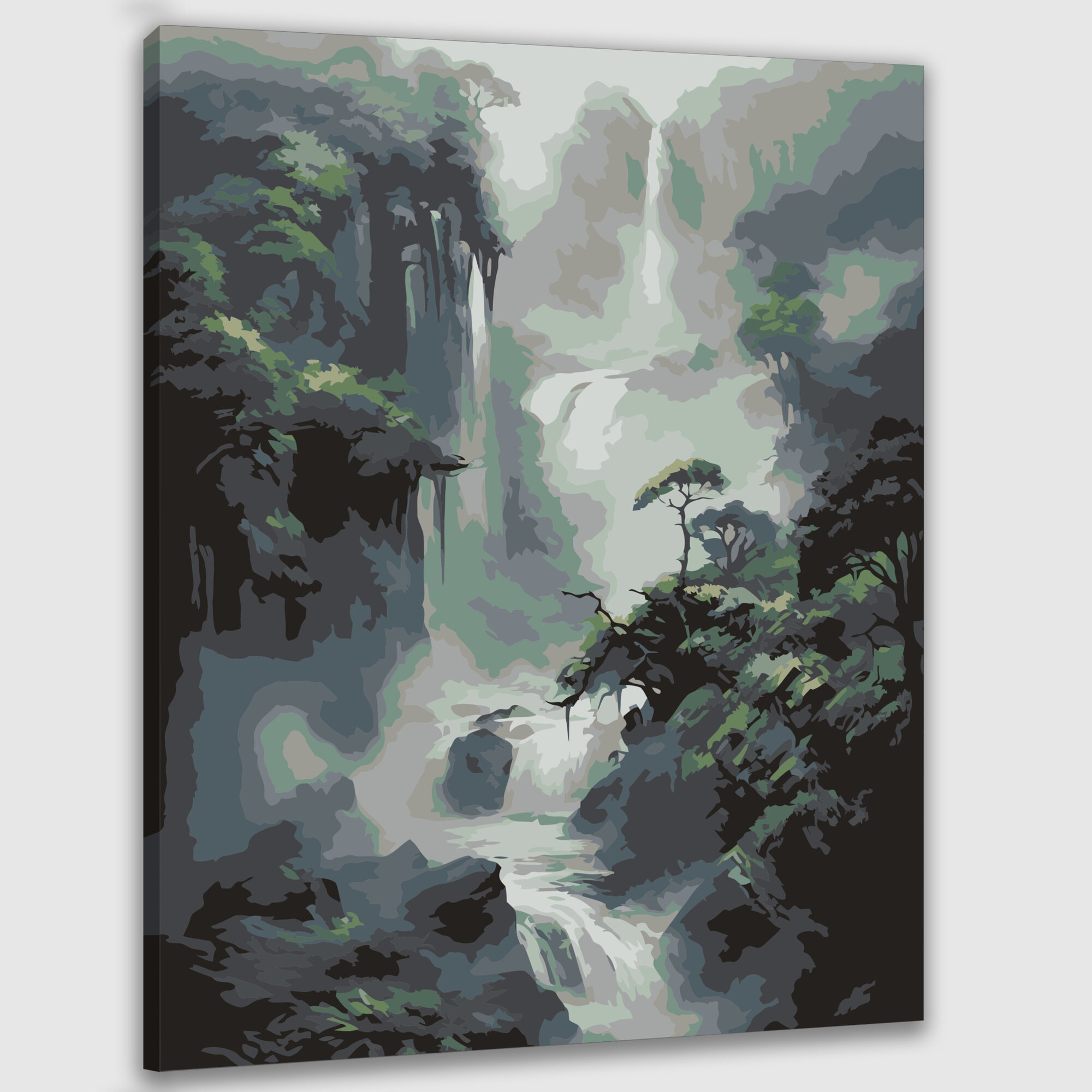 Картина по номерам 40x50 см, картина, масло, водопад, утесы, пустыня, деревья, природа, туман, атмосфера, зелень