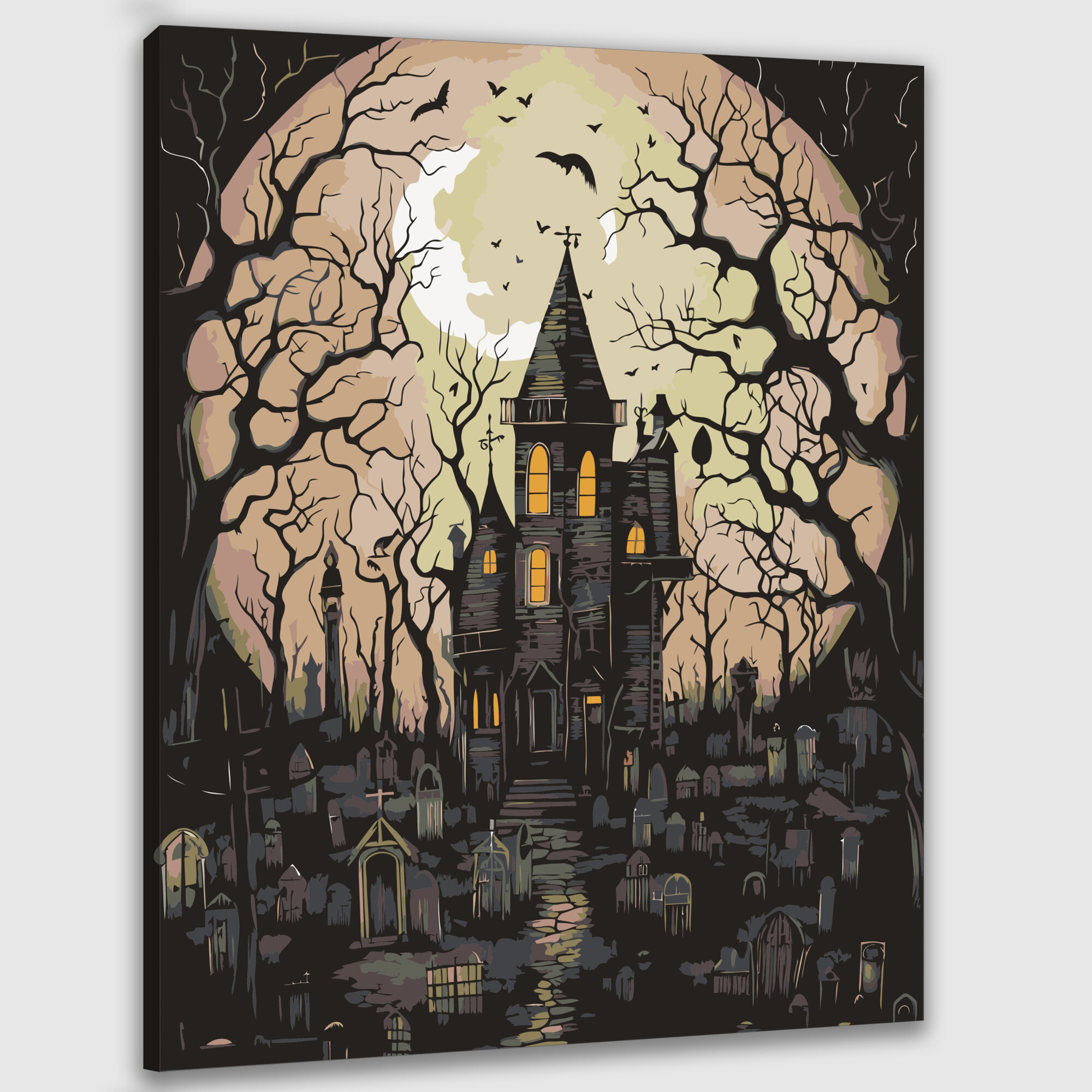 Картина по номерам 40x50 см, иллюстрация, стиль Эдварда Гори, Хэллоуин, викторианский особняк, кладбище, луна