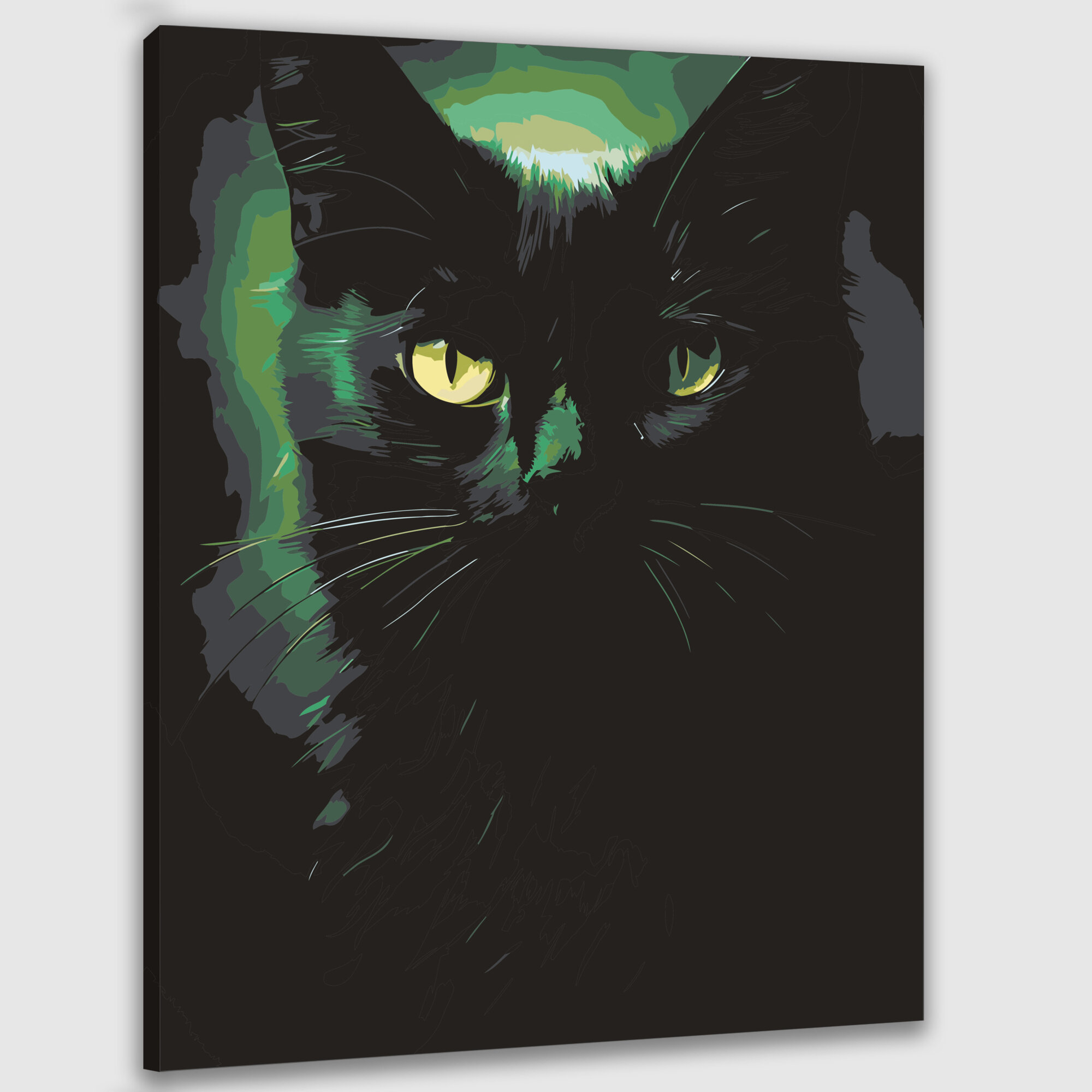 Картина по номерам 40x50 см, черный кот, зеленые глаза, мудрость, таинственность, блестящая шерсть, гладкая шерсть