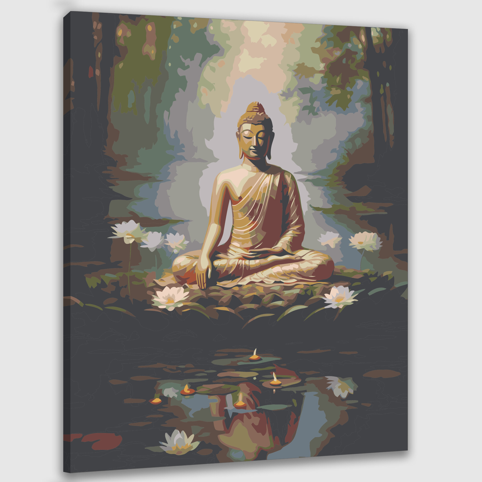 Картина по номерам 40x50 см, Будда, масло, золотистый свет, мир, умиротворение, лицо, одежда, зелень, цветы, лотос