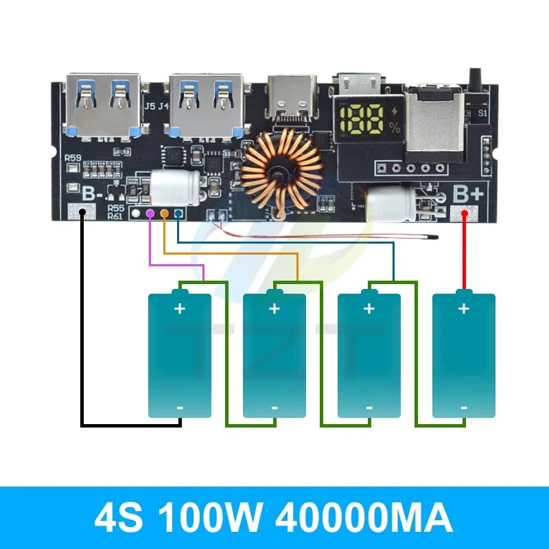 QC4.0 QC3.0 LED Dual USB PD Fast Charge 5A 100W Micro/Type-C USB Мобильный блок питания 18650 Модуль зарядки защита от температуры