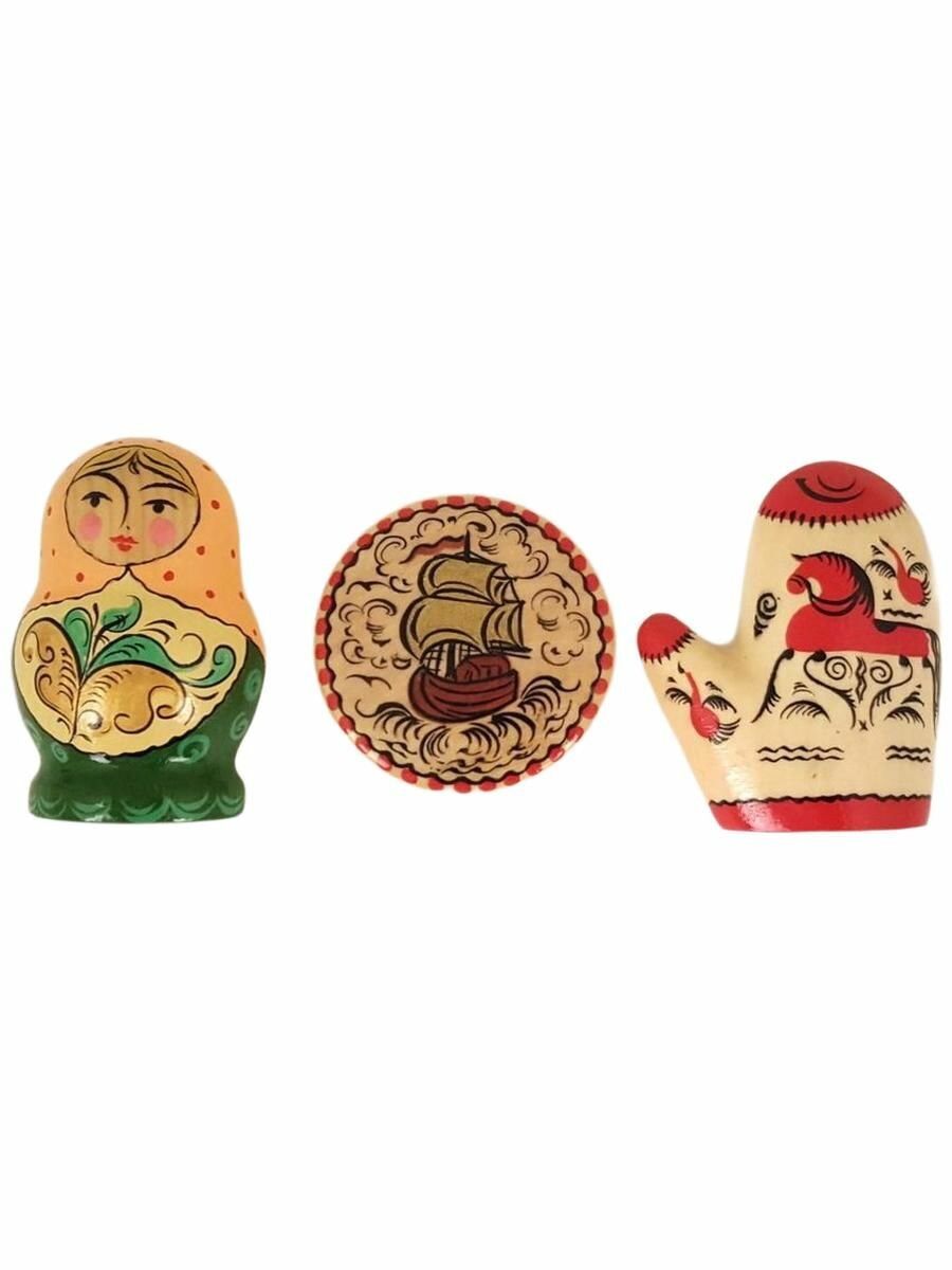 Сувенир, Магнит набор "Варежка, Корабль, Матрешка, Северная роспись, ручная авторская работа