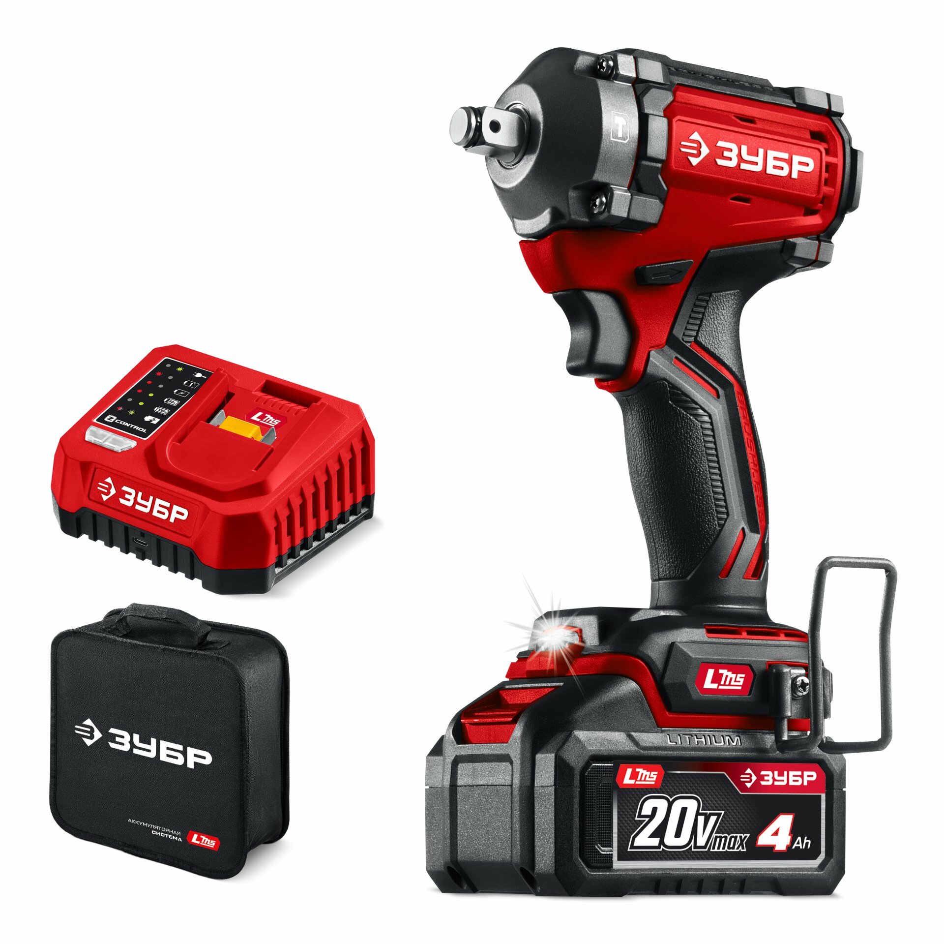ЗУБР 20 В, 500 Н·м, 1 АКБ LMS (4 А·ч), бесщеточный ударный гайковерт, сумка (ГБУ-500-41)