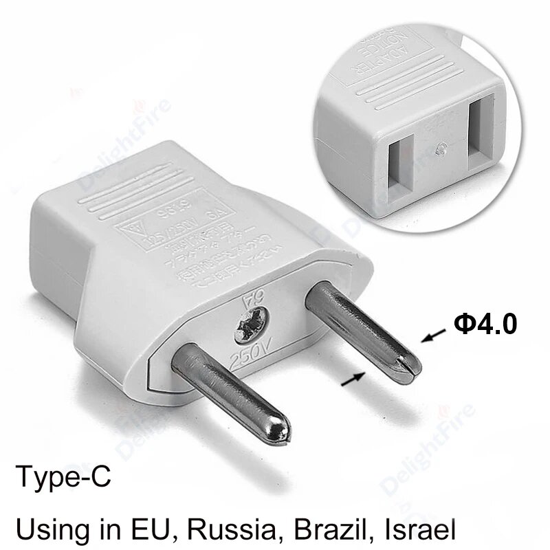 Дорожный адаптер DelightFire для США в Европу EU Plug-White, 1PCS
