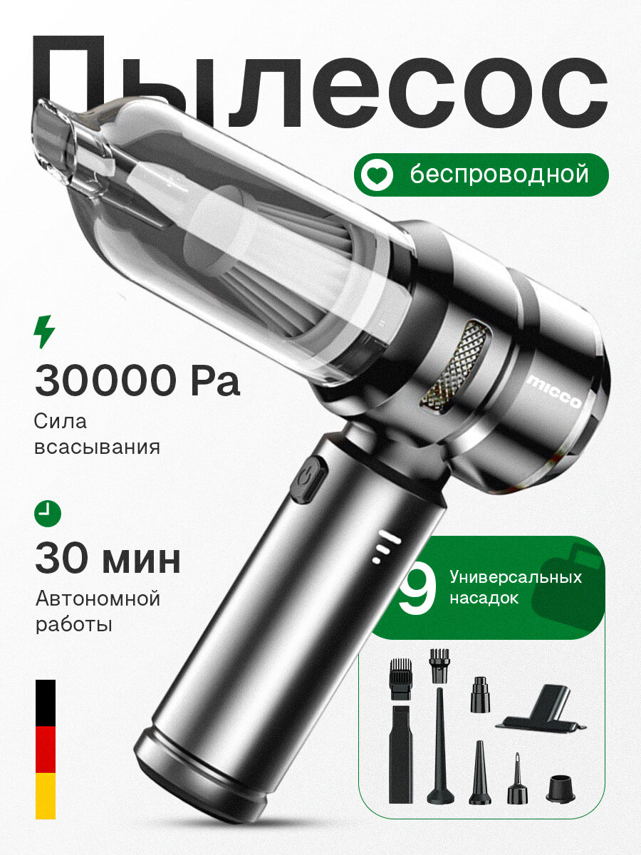 Пылесос MICCO, беспроводной, для автомобиля, сухая уборка, мощность 180Вт