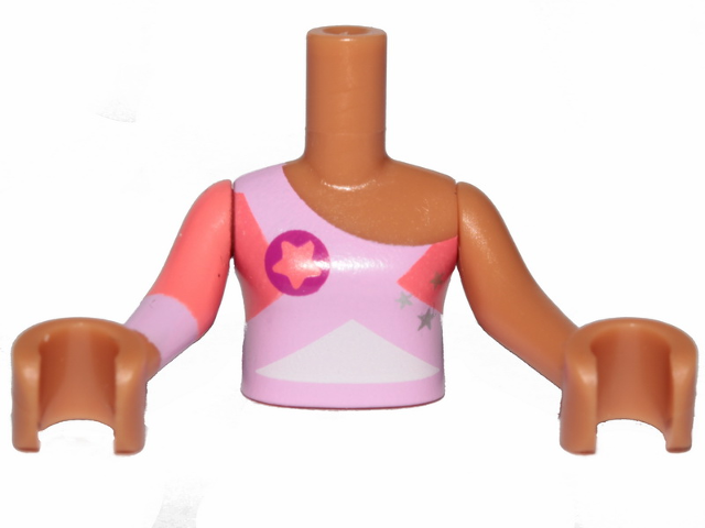 Torso Mini Doll Girl Bright Pink Top, Triangles and Stars Pattern, Medium Nougat Arms with Hands with Bright Pink and Coral Right Sleeve, FTGpb226c01 Medium Nougat U