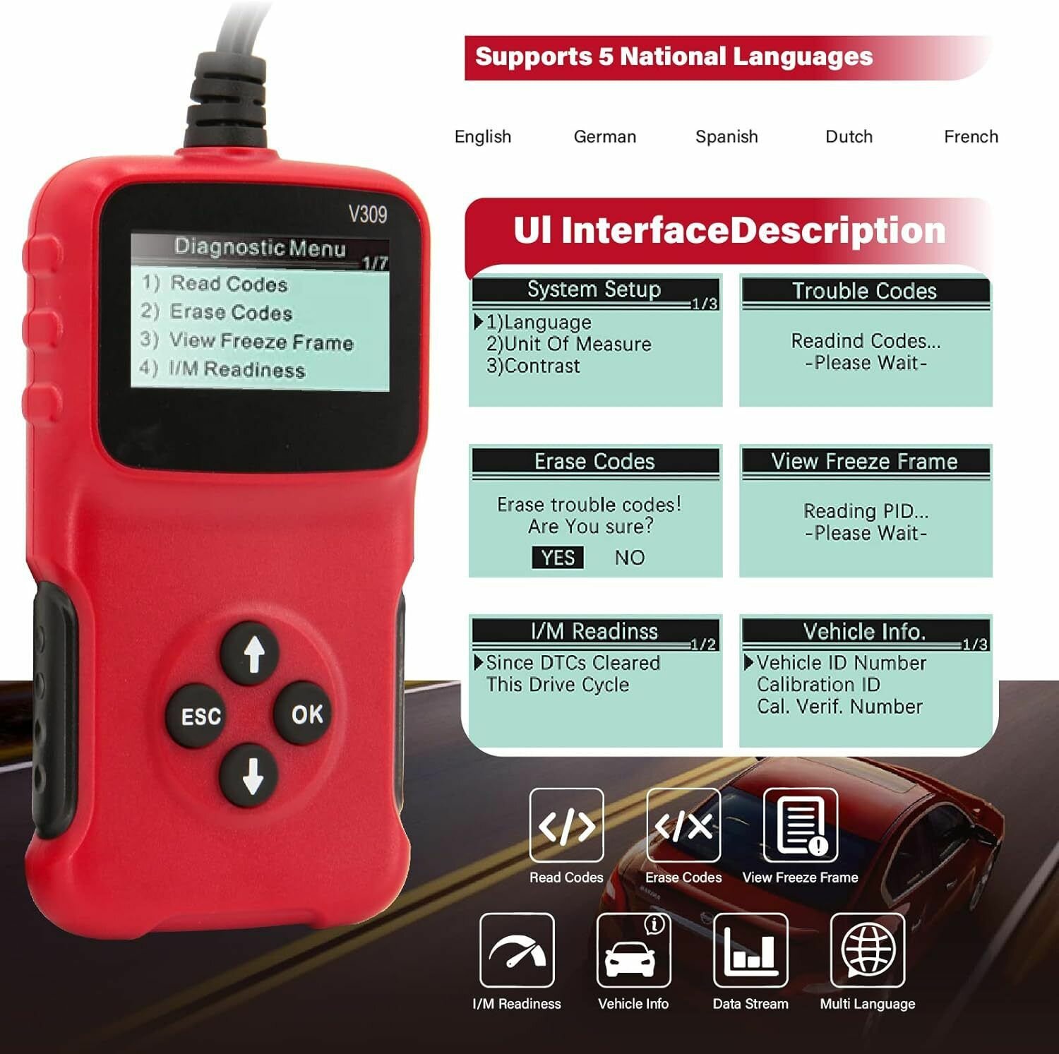 V309 считыватель кодов, детектор неисправностей автомобиля obd2