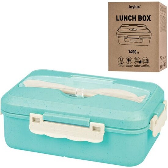 Ланч бокс контейнер Joylux 1 секция, 3 отделения, ложка и вилка, 1.4л, 8х21х14см, мятный ECO