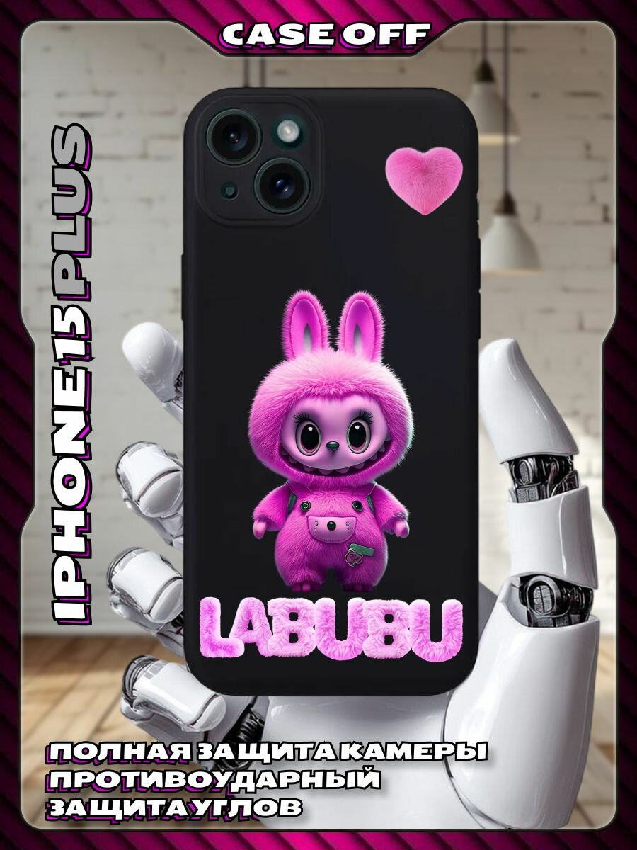 Чехол ZiART (Labubu 3 / Лабубу 3) на iPhone 15 Plus силиконовый, с защитой камеры, черный