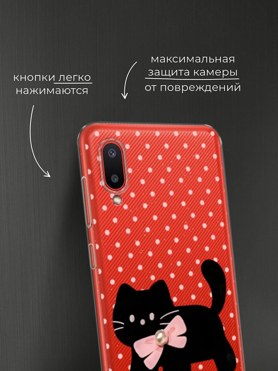 Чехол на Samsung Galaxy A02 / Самсунг Галакси А02 с принтом Черный котик с бантом, прозрачный — фото 1