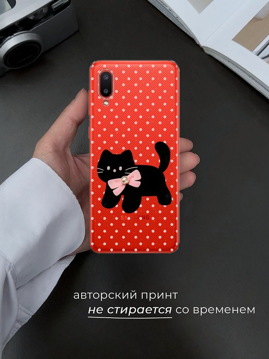 Чехол на Samsung Galaxy A02 / Самсунг Галакси А02 с принтом Черный котик с бантом, прозрачный — фото 1
