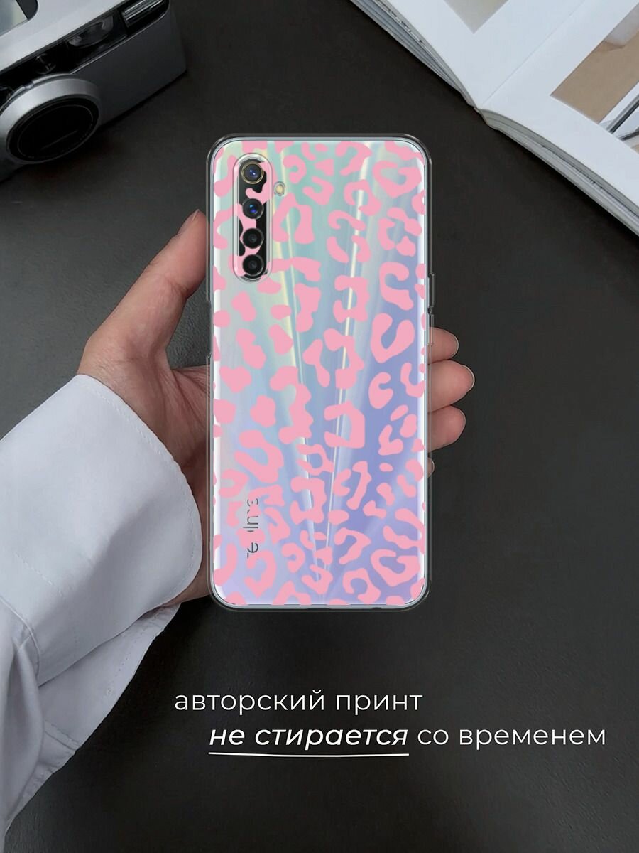 Чехол на Realme 6 / Реалми 6 с принтом Паттерн розовый леопард, прозрачный — фото 1