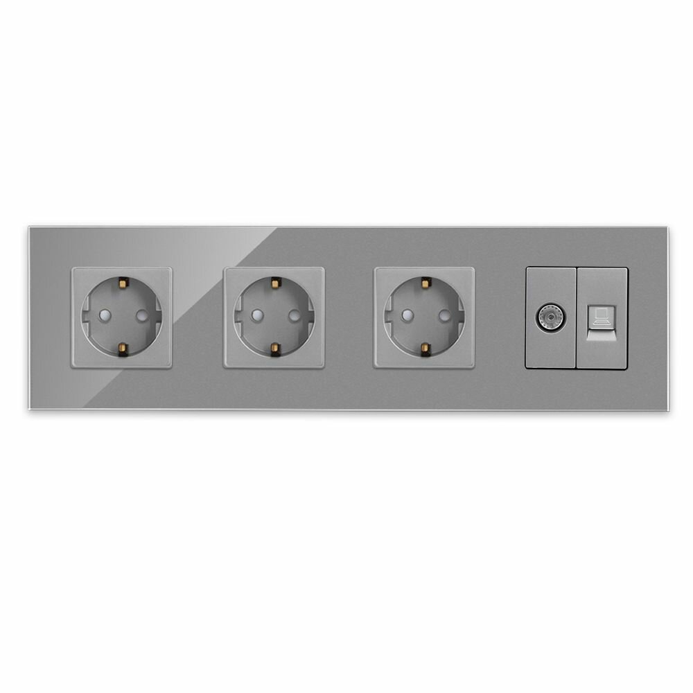 Розетка электрическая 4 поста 220В 16А+RJ45 CAT6 ТВ-Компьютер Стекло Рамка серый,1шт