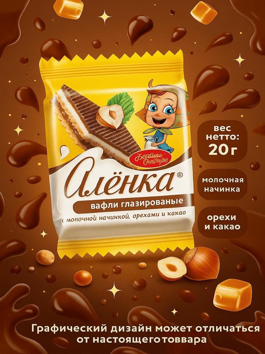 Вафли Аленка глазированные с молочной начинкой, орехами и какао, 20г