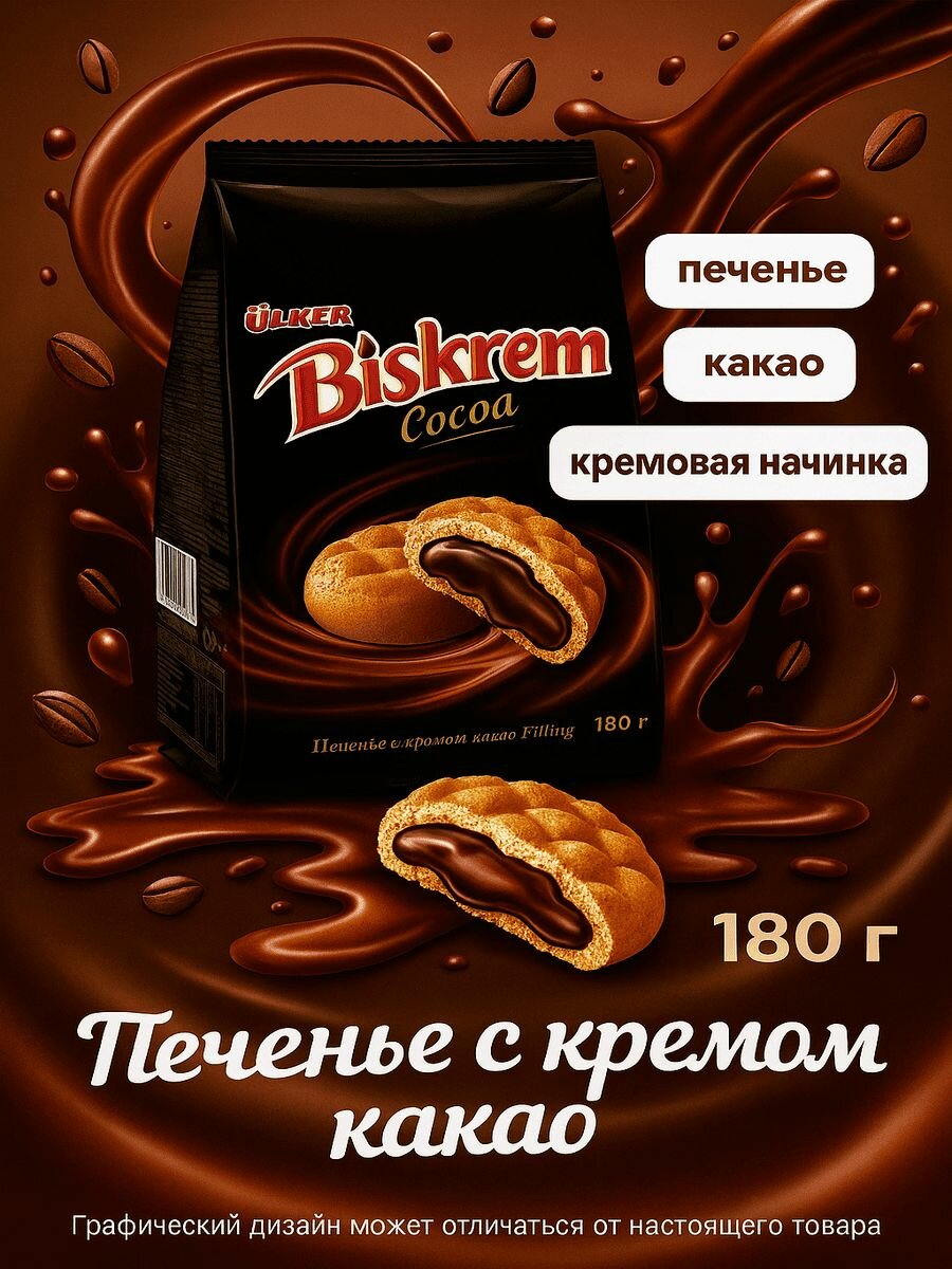 Печенье Ulker Biskrem Cocoa с какао и кремовой начинкой, 180г