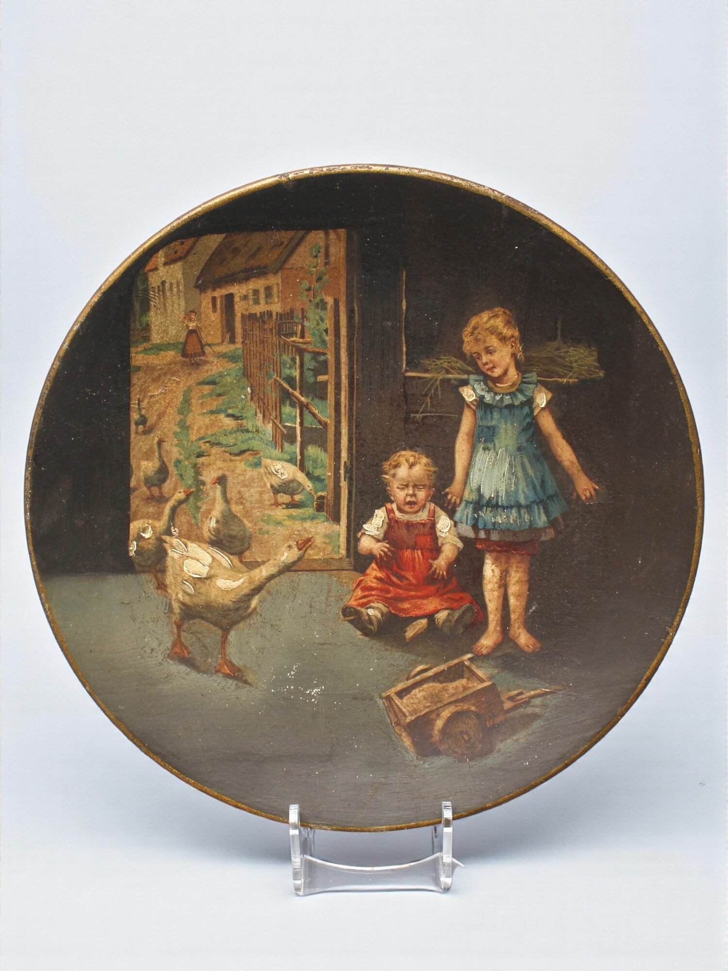 Антикварная настенная тарелка "Дети и гусь" (D 23,1см), керамика, Германия, 1920-е г.