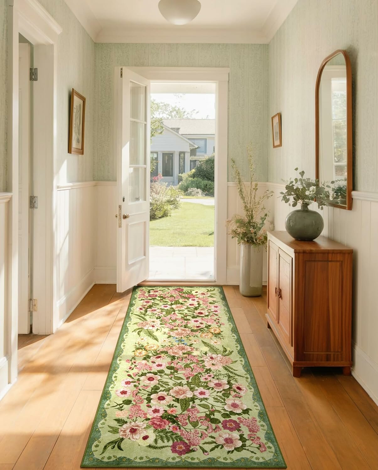 Ковер зеленый с розовыми цветами - элегантный акцент для интерьера, 80*180CM