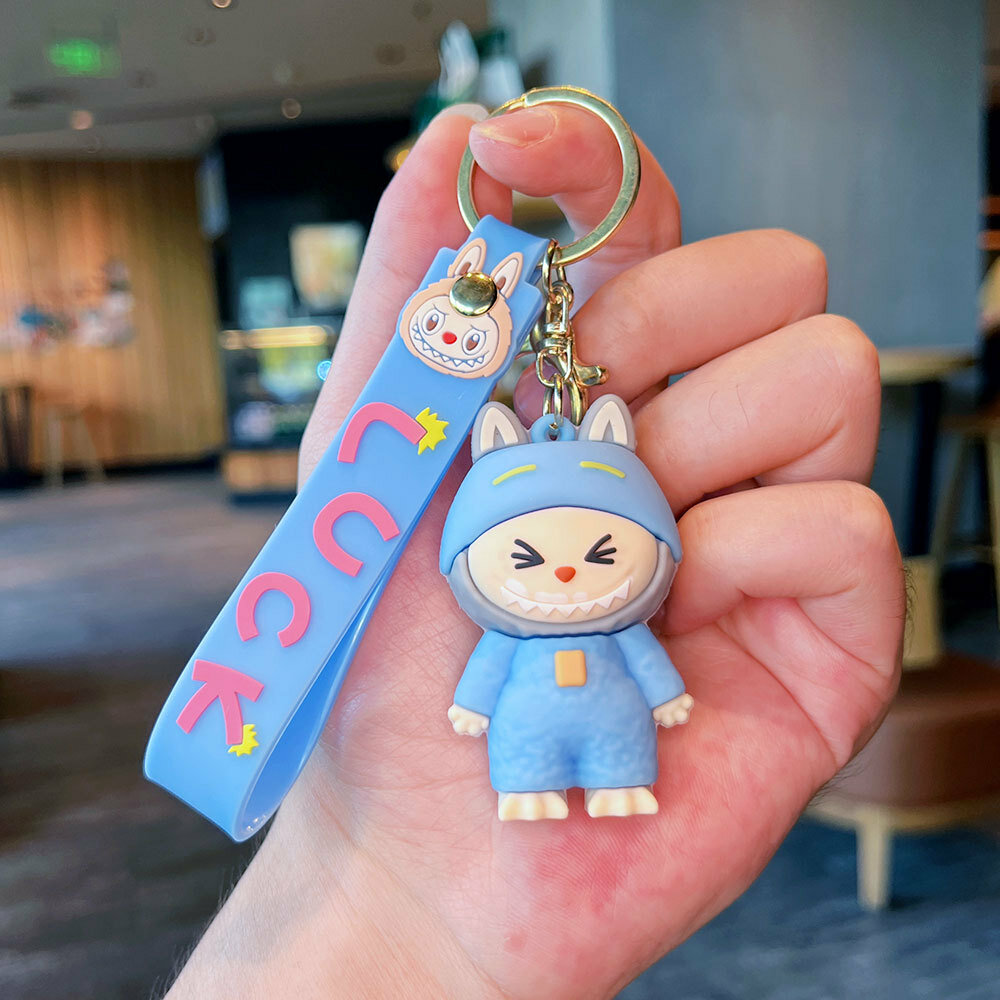 Брелок в виде овечки Лабубу, подвеска для рюкзака (для пары/студента), брелок для автомобильных ключей, синяя шляпа Лабубу с торчащими зубами.