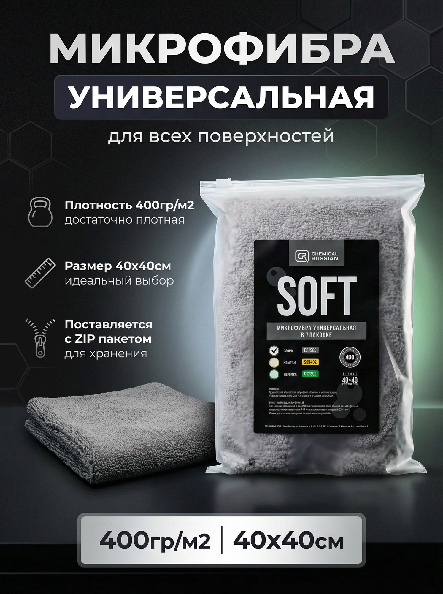Микрофибра для авто - SOFT, Chemical Russian, 40х40 см, микрофибра универсальная серая