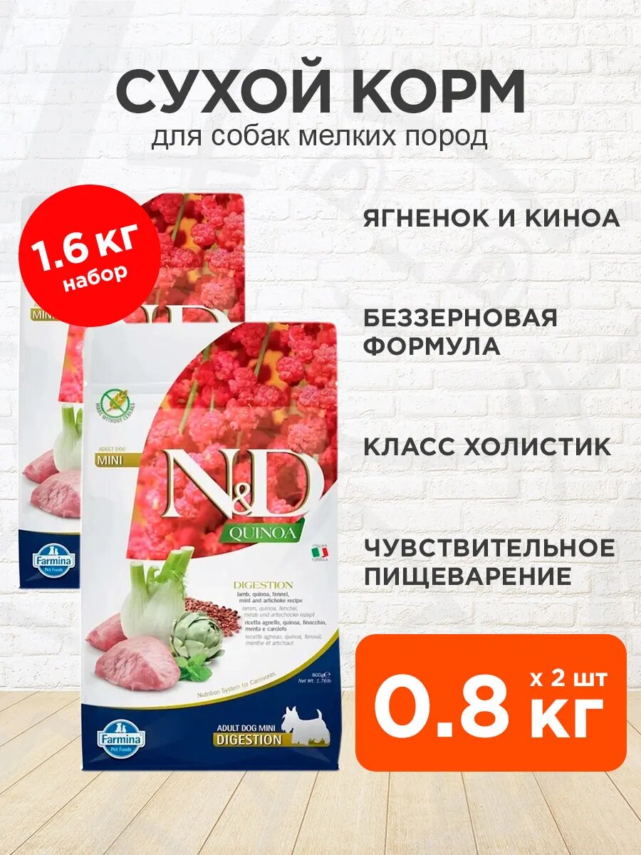 Корм сухой Farmina Dog N&D Grain Free Quinoa Adult Mini Digestion Lamb для мелких собак с ягненком, 0,8 кг х 2 шт