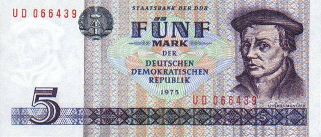 1975 Банкнота Германия ГДР 5 марок Томас Мюнцер XF