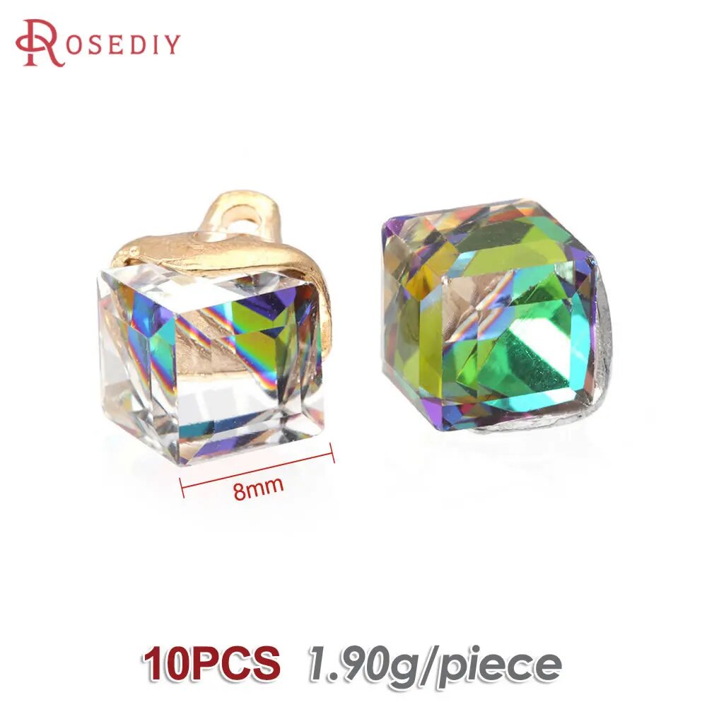 Подвески-серьги Rosediy золотистого цвета с стеклянным кубом 8x8 Metal-Gold Color, White to Colorful