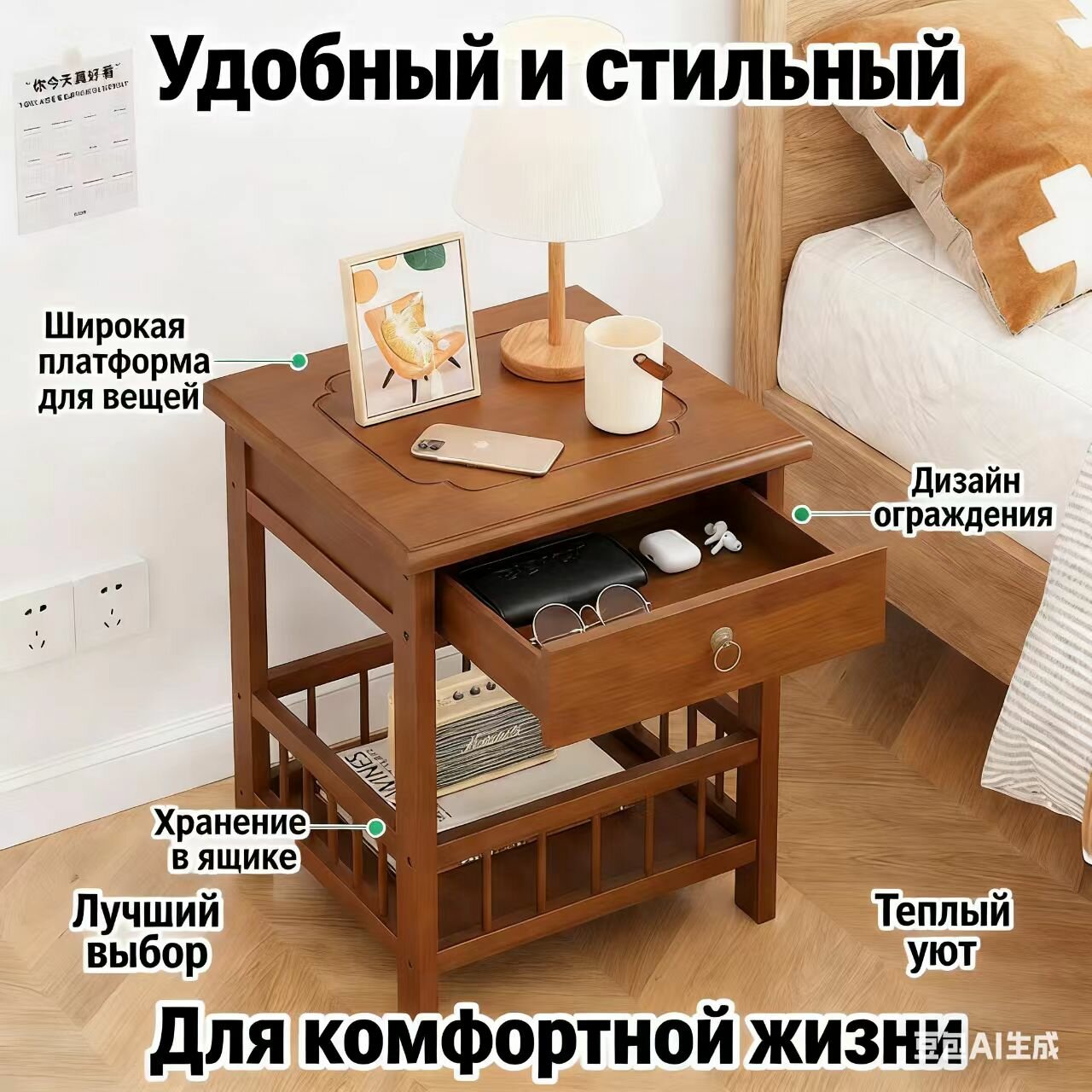 Столик журнальный "Ретро" , квадратный, дерево, 4 выдвижных ящика