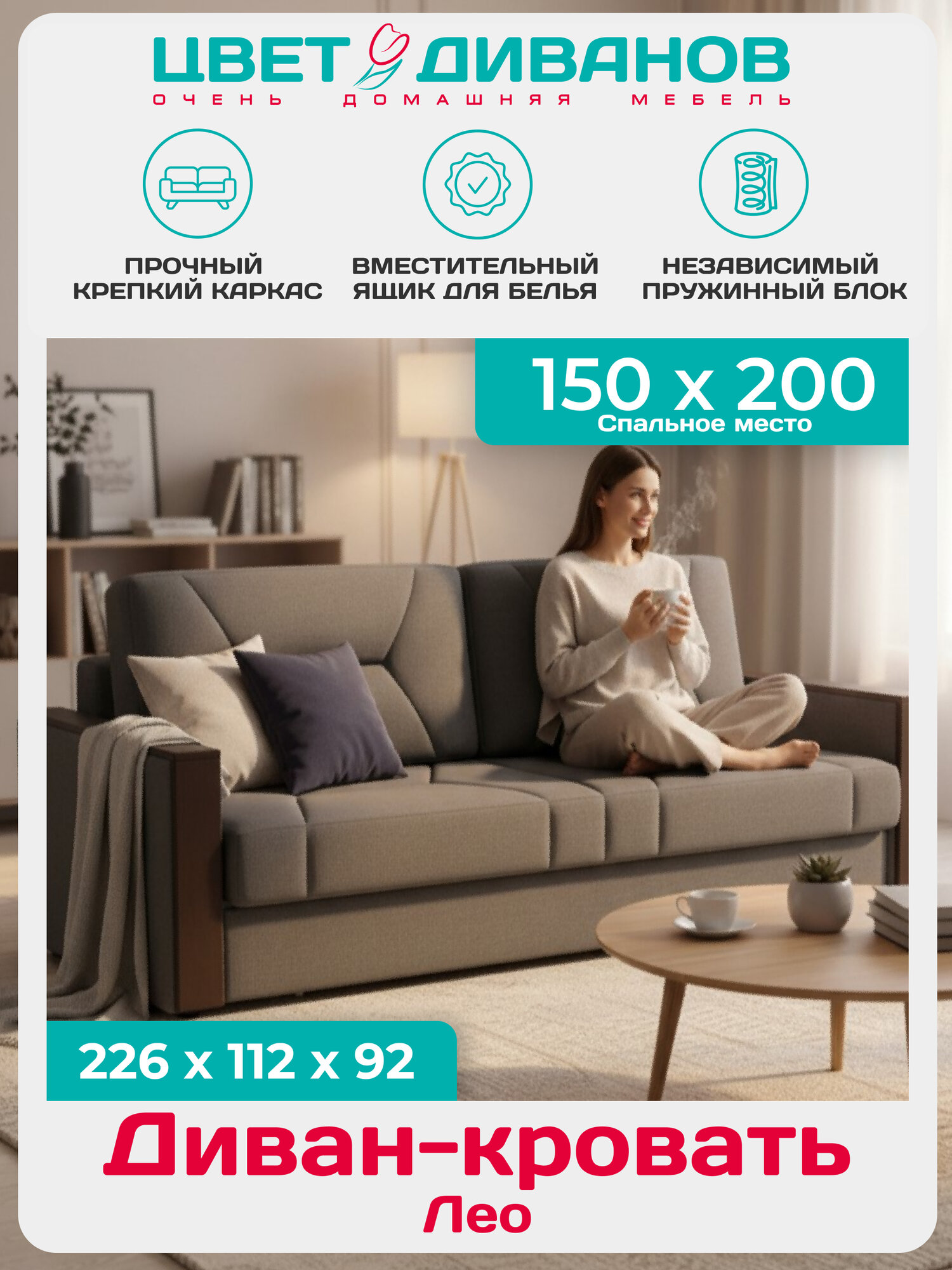 Раскладной диван-кровать прямой двуспальный в гостиную, еврокнижка Лео с ортопедическим матрасом, Цвет Диванов