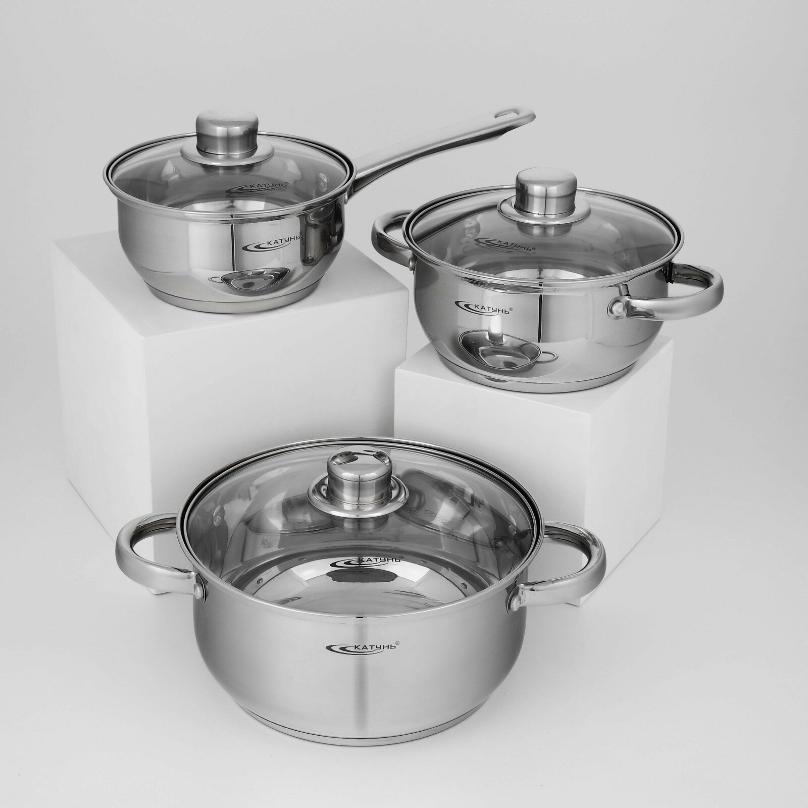 Набор кастрюль Катунь «Гретта», 3 предмета: кастрюли 2.2 л, 4.2 л, ковш 1.6 л, капсульное дно, индукция, нержавеющая сталь, AISI - 201