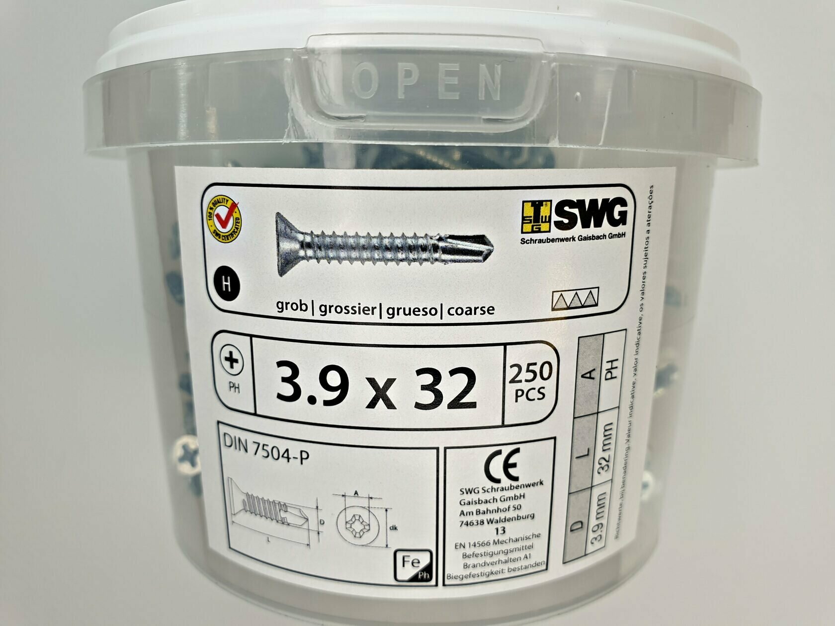 Саморез по металлу DIN 7504-P 3.9x32 (250 pcs) SWG, Германия