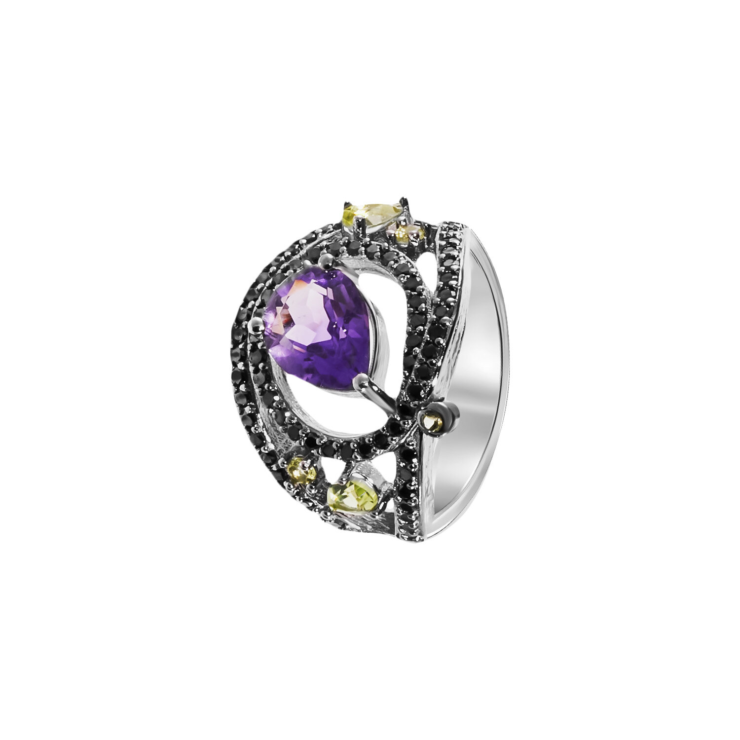Кольцо, серебро, 925 проба, перидот, шпинель, аметист