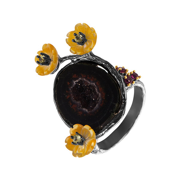 Кольцо, серебро, 925 проба, перидот, родолит, перламутр