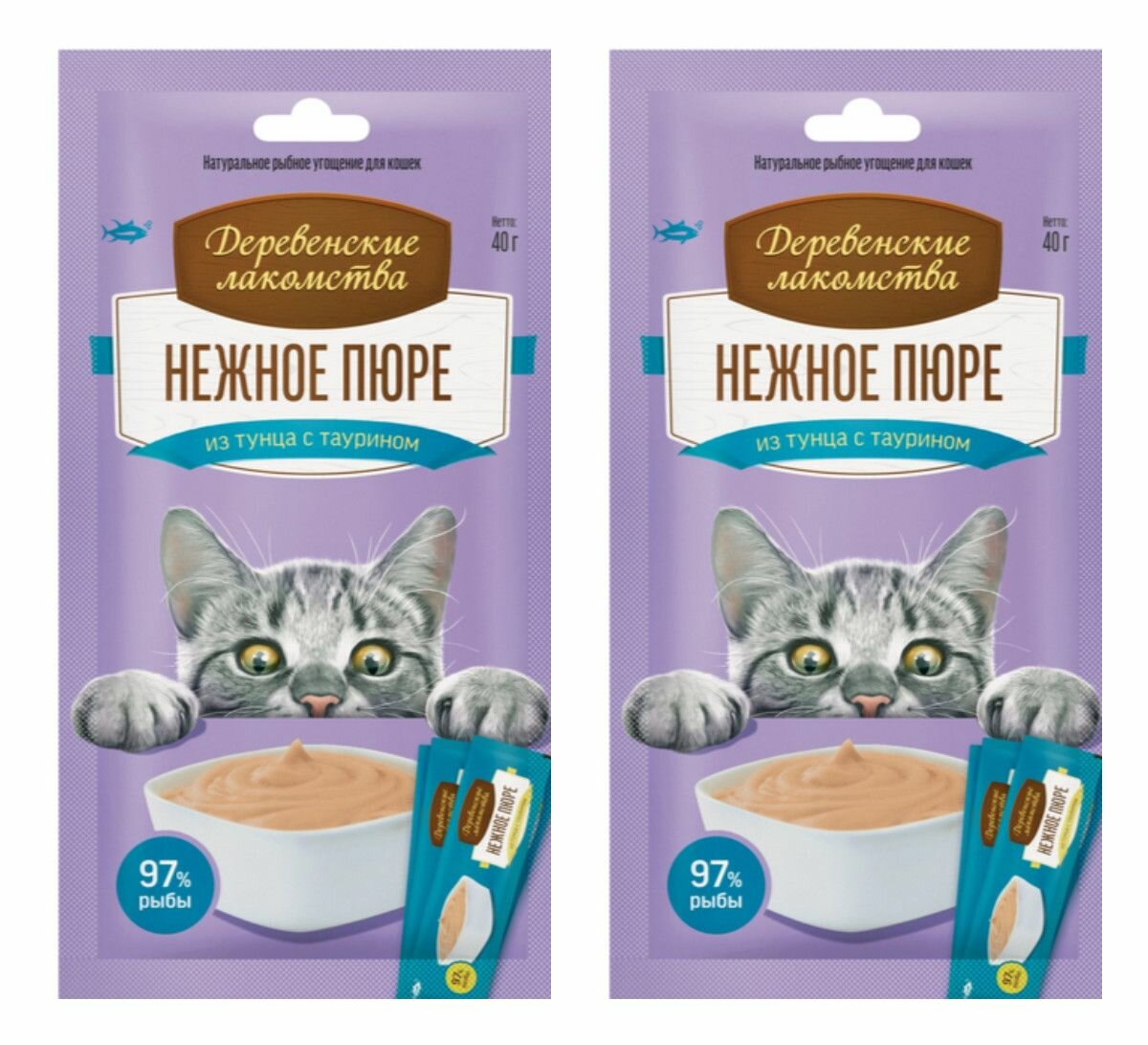 Лакомство для кошек Деревенские лакомства Нежное пюре из тунца, с таурином, 40 гр, 2 уп