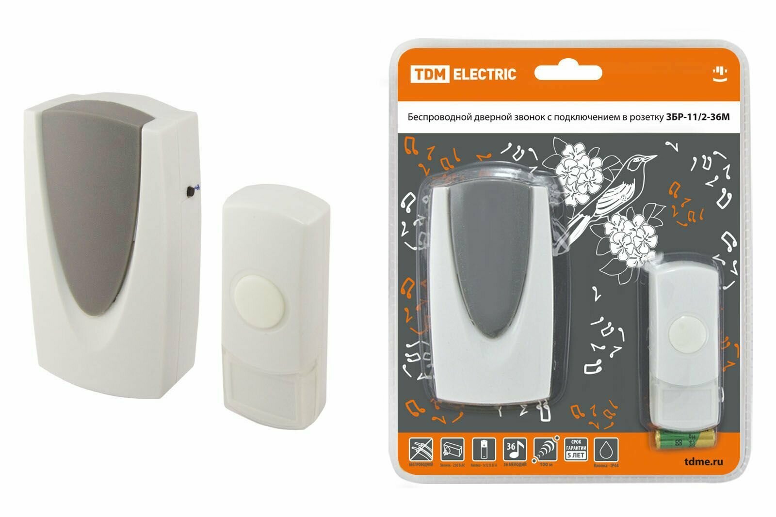 TDM Звонок беспроводной 36 мелодий от сети, с кнопкой 70 дБ IP44 100 м батарейки в комплекте, белый