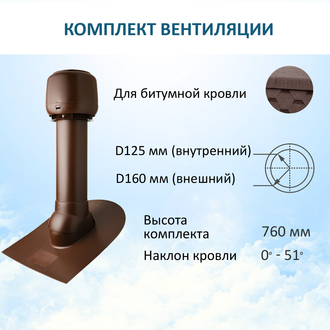 Комплект вентиляции: Колпак D160, вент. выход утепленный высотой Н700, проходной элемент для битумной кровли, коричневый