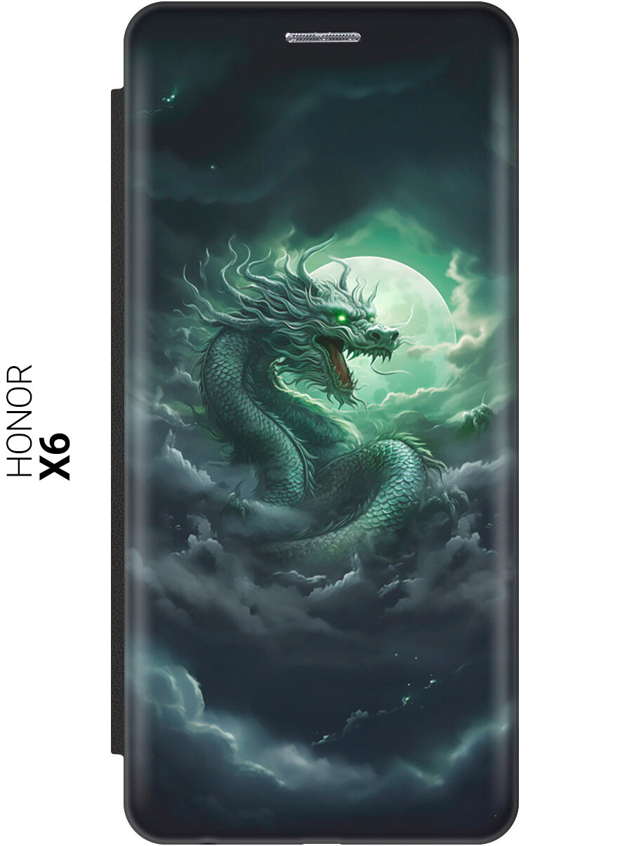 Чехол-книжка на Honor X6 / X8 5G / Хонор Х6 / Х8 5Г с рисунком "Дракон на фоне луны и облаков" черный