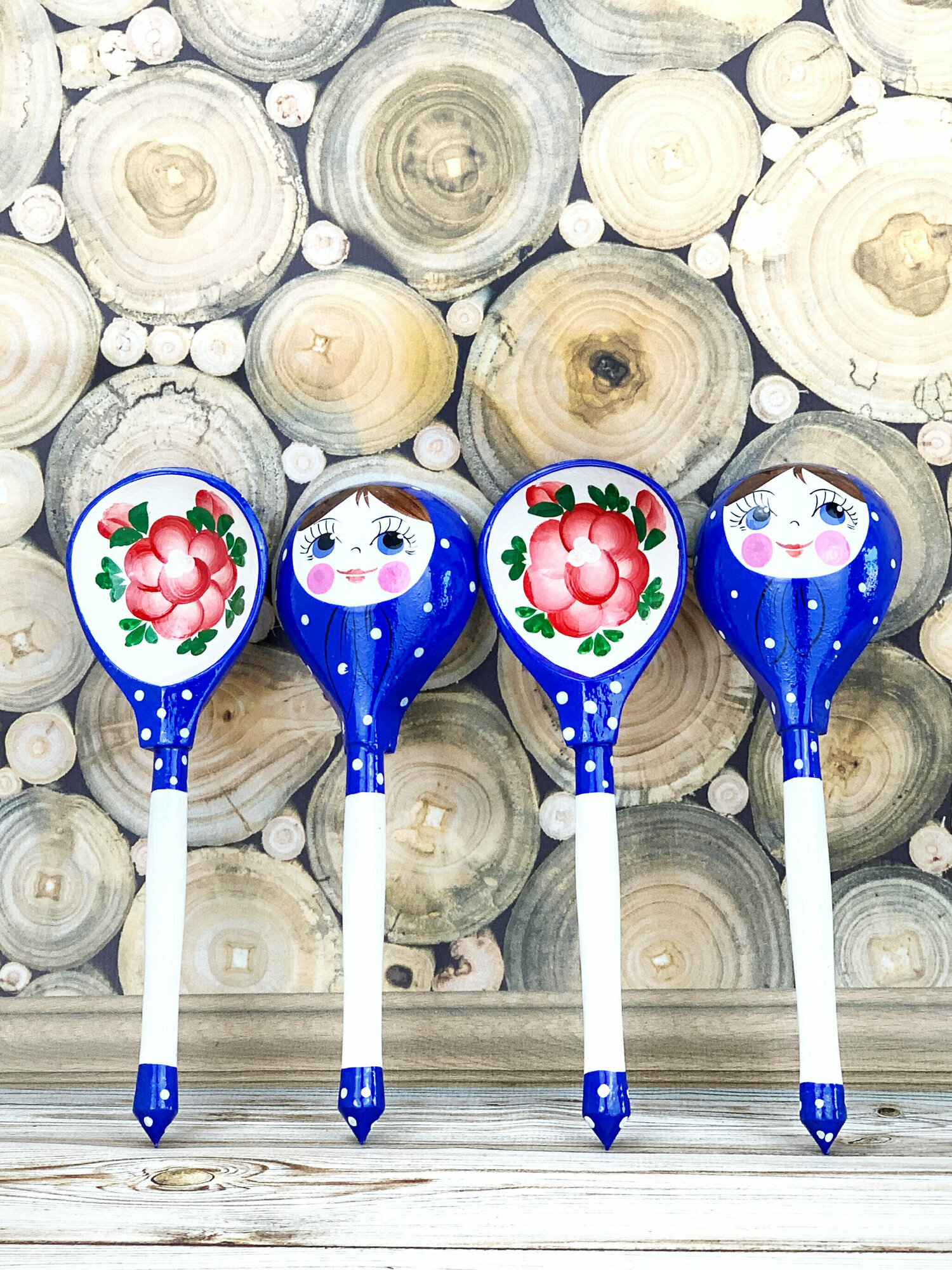 Ложки деревянные музыкальные, столовые, народные музыкальные инструменты, ручная авторская роспись, бело-синие, 4 шт.
